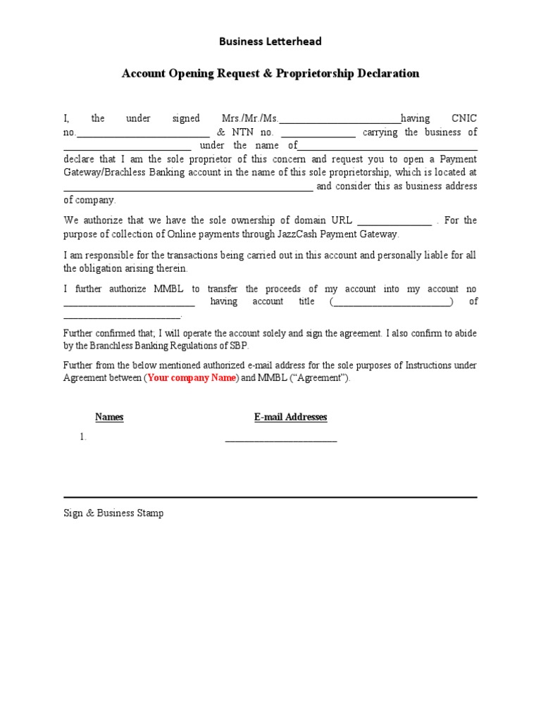 Business Letterhead Account Opening Request & Proprietorship ...