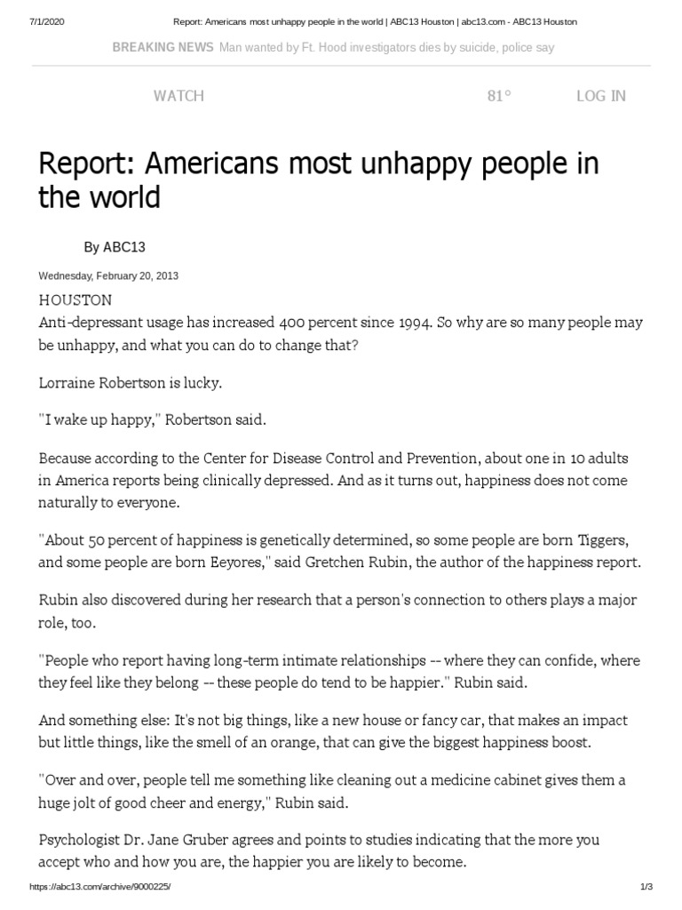 Report - Americans Most Unhappy People in The World - ABC13 Houston ...