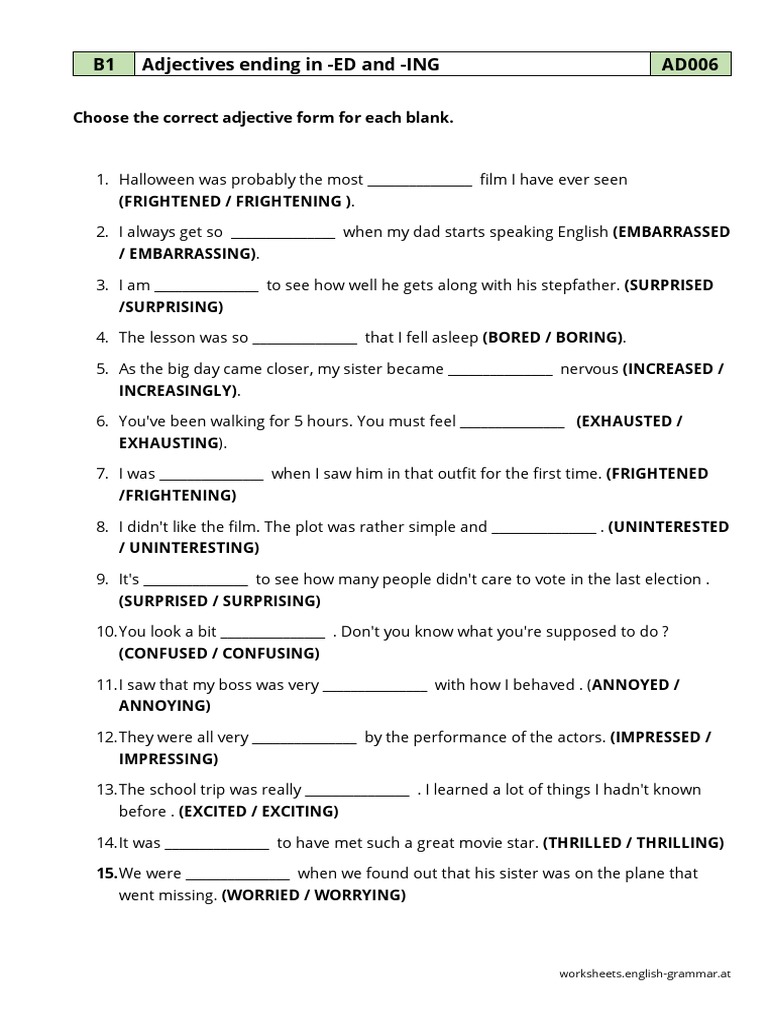 B1 Adjectives Ending in - ED and - ING AD006: Worksheets - English ...