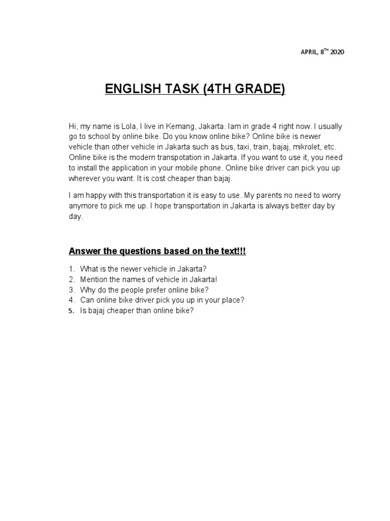 English Task (4Th Grade) : Answer The Questions Based On The Text ...