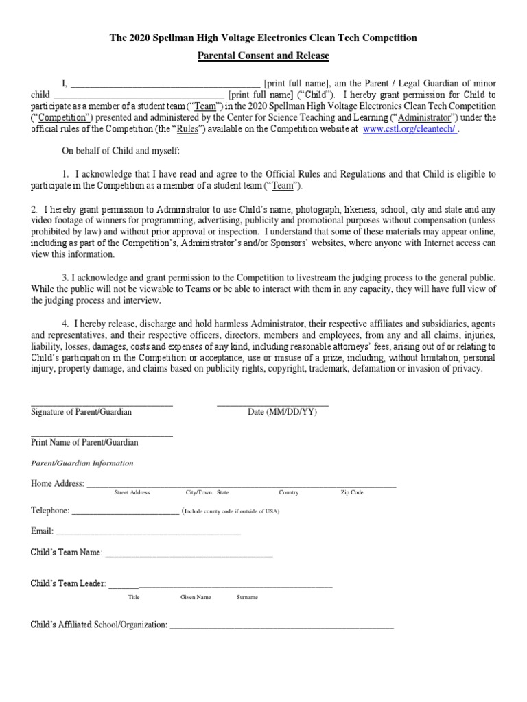 2020 Clean Tech - Parental Consent | PDF | Legal Guardian | Competition