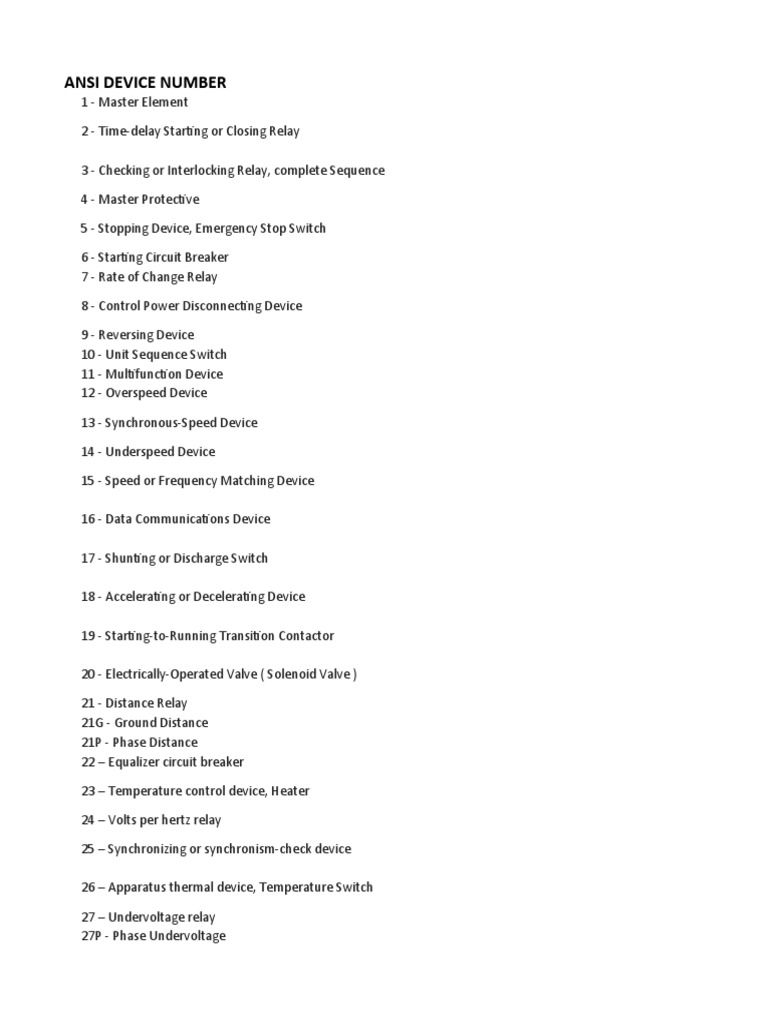 ANSI Device Number Reference Guide | PDF | Relay | Alternating Current