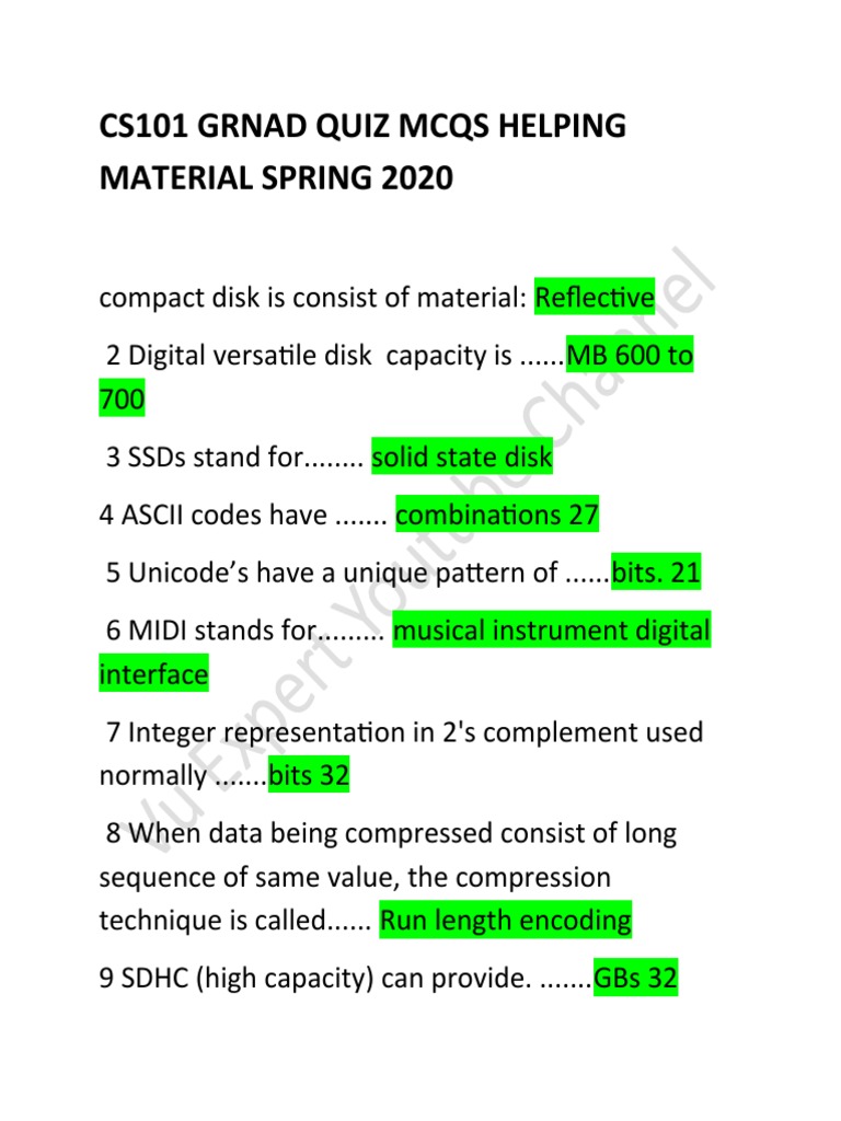 CS101 Spring 2020 Quiz MCQs Guide | PDF | Computer Data Storage | Data Compression