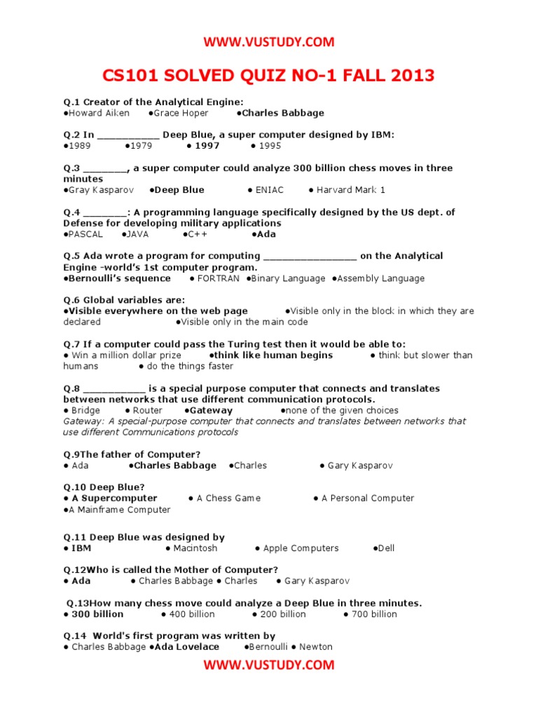 Cs101 Solved Quiz No-1 Fall 2013 | PDF | Computer Program | Programming
