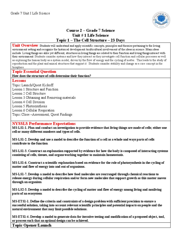 Grade 7 Topic 1 Pacing Life Science 2019.20 | PDF | Life | Cell (Biology)