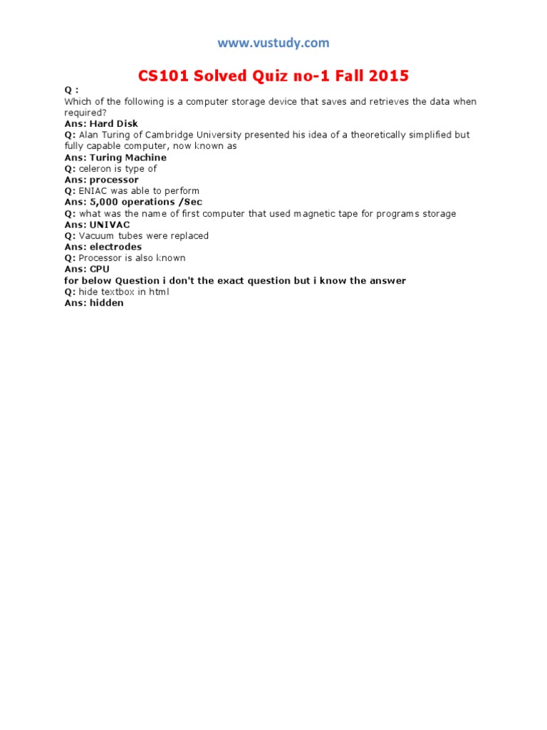 CS101 Solved Quiz No-1 Fall 2015 | PDF