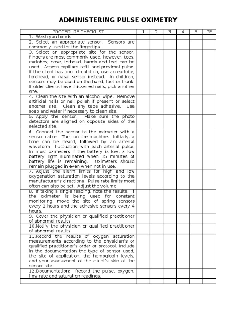 Pulse Oximetry Administration Checklist | PDF | Wellness | Technology ...