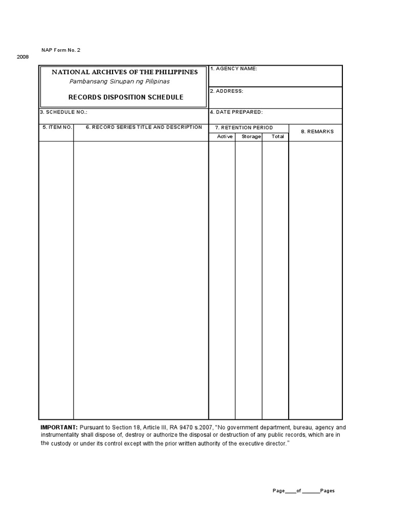 NAP Form 2: Records Disposition Schedule | PDF