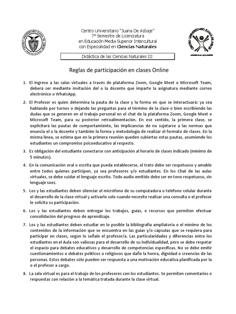 Reglas de Participación en Clases Online | PDF | Chat en linea | Salón ...