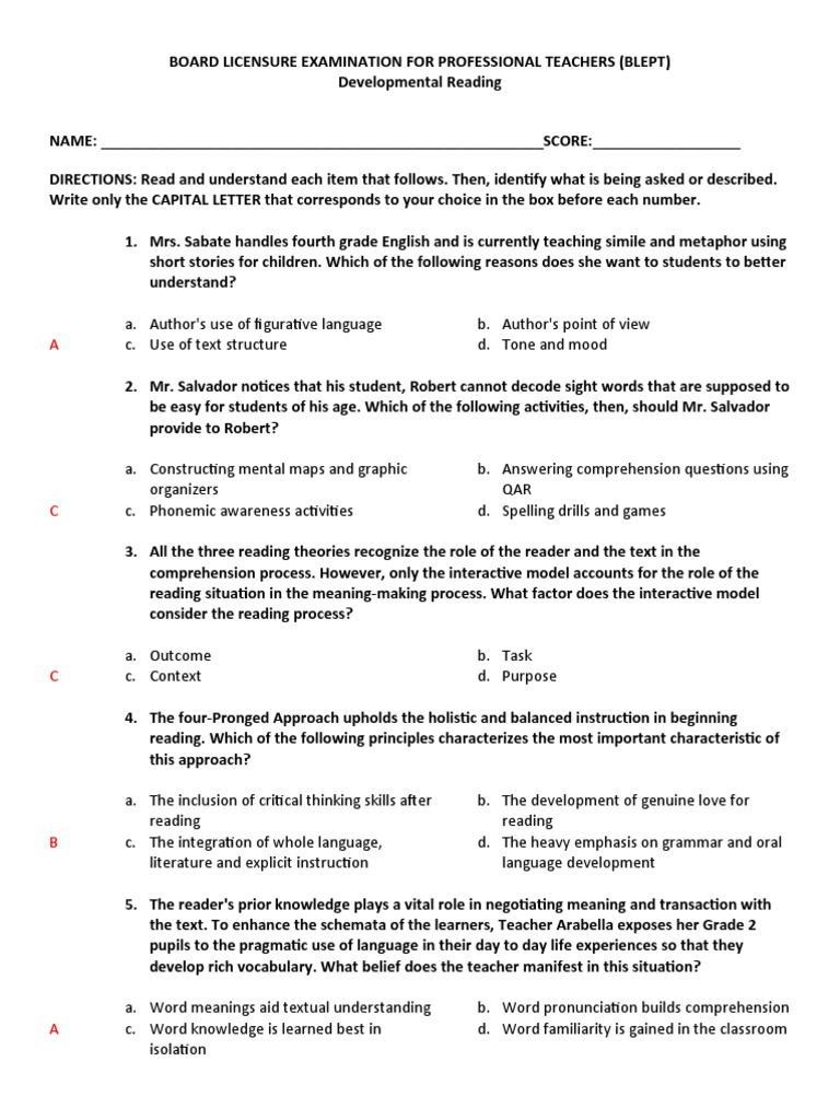 BLEPT Developmental Reading Test Key To Correction | PDF | Reading ...