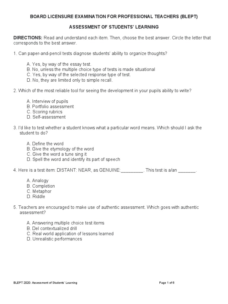 Blept Assessment of Learning Test | PDF | Educational Assessment ...