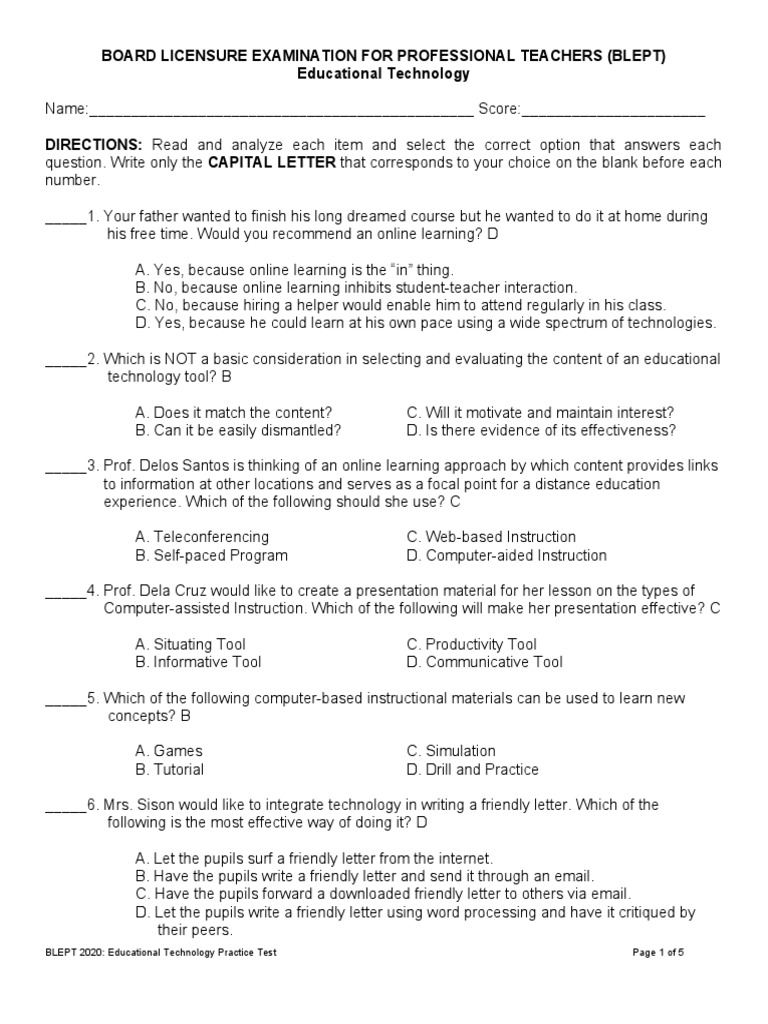 BLEPT Educational Technology Practice Test | Download Free PDF ...