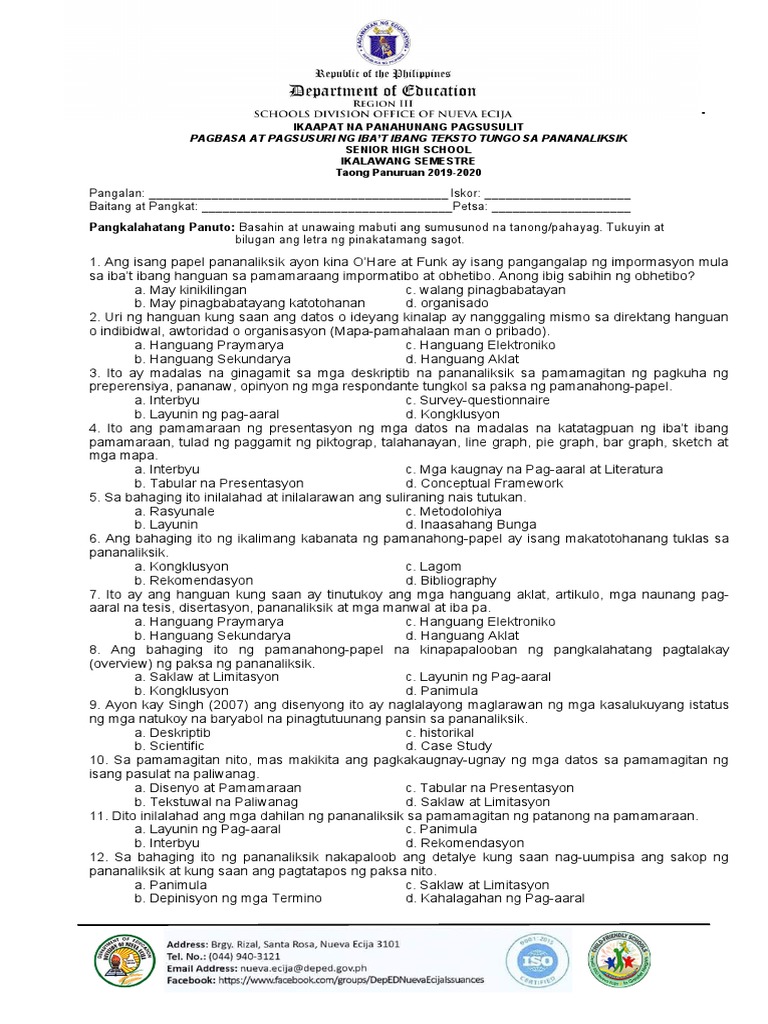 1.FINAL Pagbasa Exam 4th Quarter | PDF