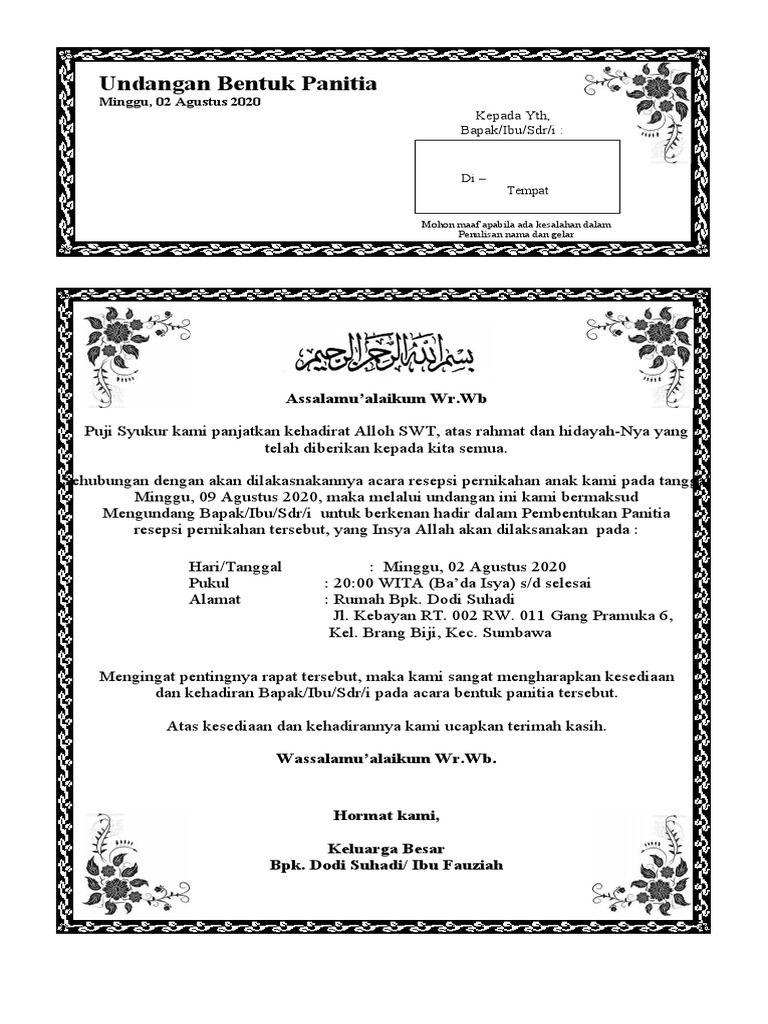 Contoh Surat Undangan Rapat Panitia Pernikahan | PDF