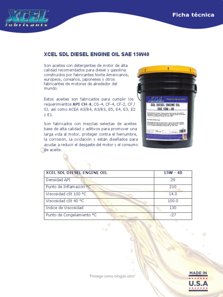 Xcel SDL Diesel Engine Oil Sae 15W40 | PDF | Motor diesel | Petróleo