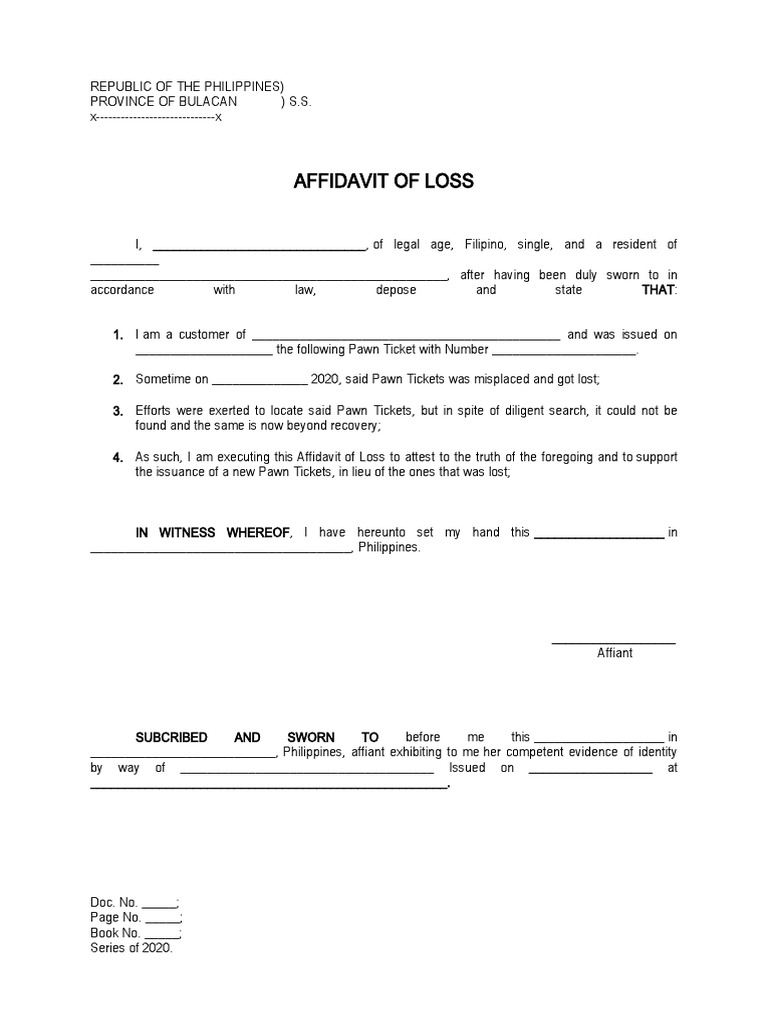 Affidavit of Loss - Pawn Ticket | PDF