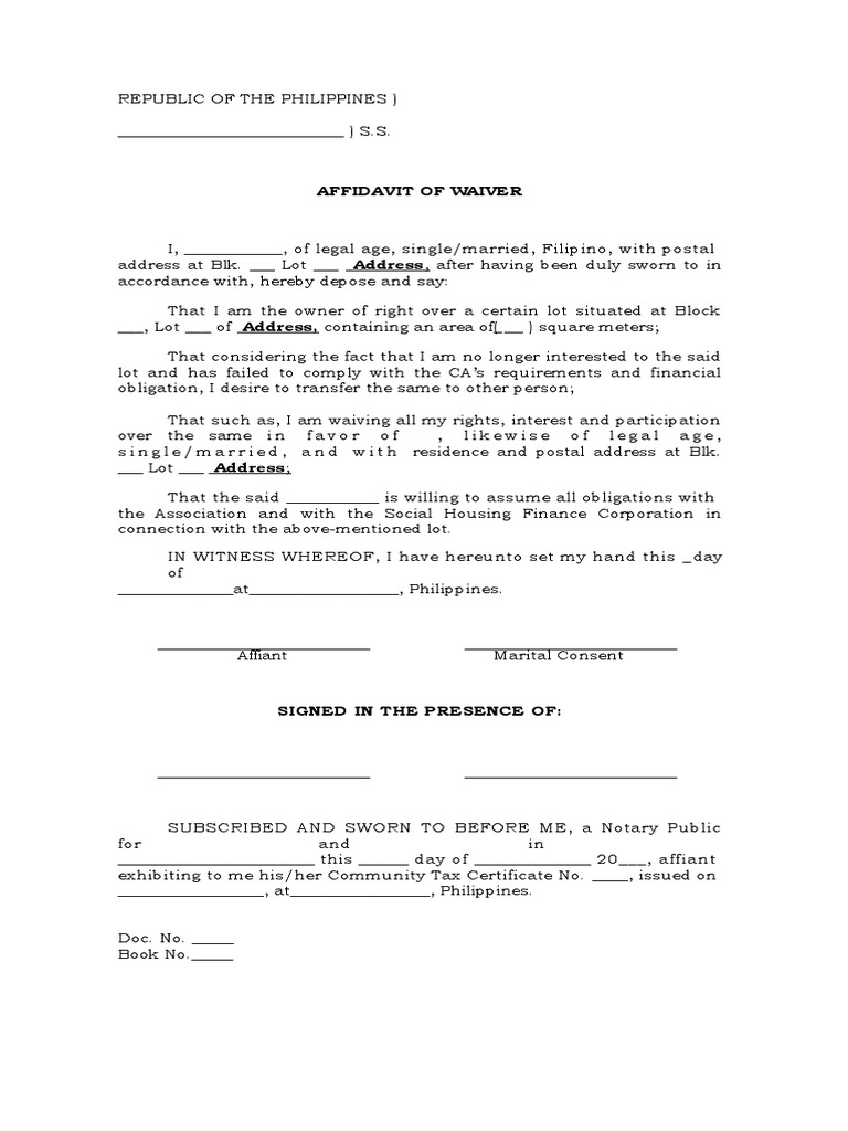 Sample Format of Affidavit of Waiver | PDF