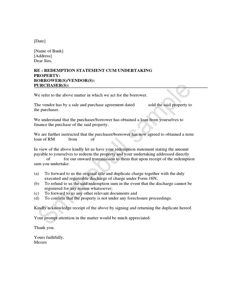 Re: Redemption Statement Cum Undertaking Property: Borrower (S) /vendor ...
