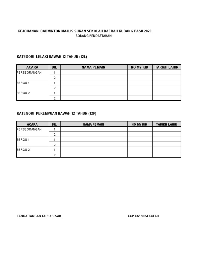 Borang Pendaftaran Badminton 2020 Pdf