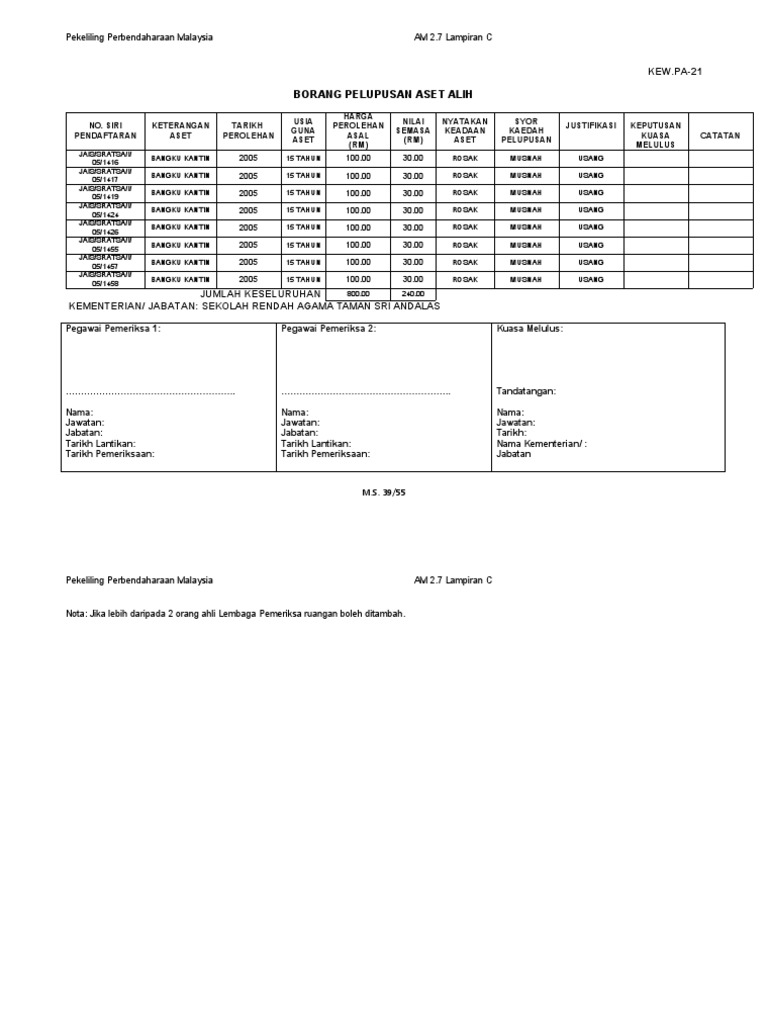 Borang Pelupusan Aset Alih: KEW - PA-21 | PDF