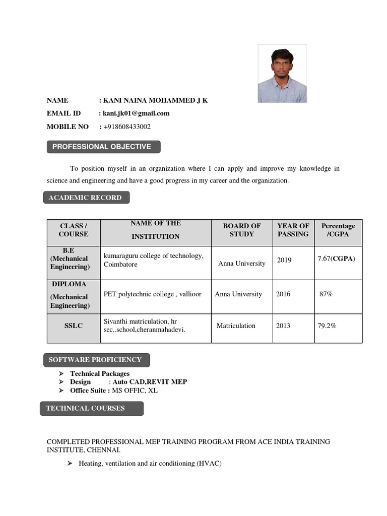 A Comprehensive Resume for Kani Naina Mohammed J K Highlighting ...