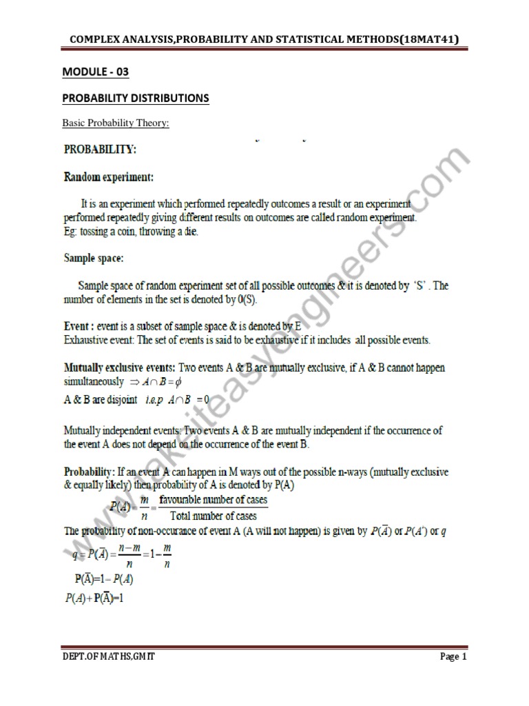 Module - 03 Probability Distributions: Complex Analysis, Probability ...