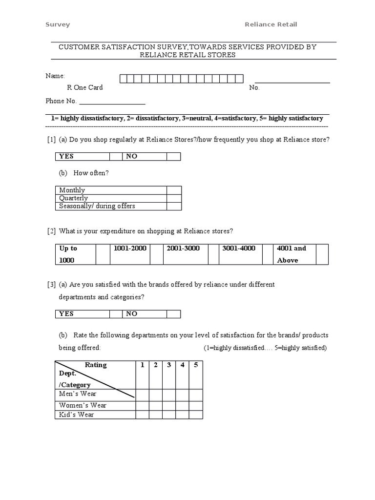 Questionnaire On Customer Satisfaction at Reliance Retail | PDF | Brand ...