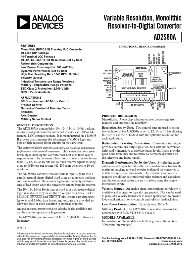 Variable Resolution, Monolithic Resolver-to-Digital Converter AD2S80A | PDF | Electrostatic ...
