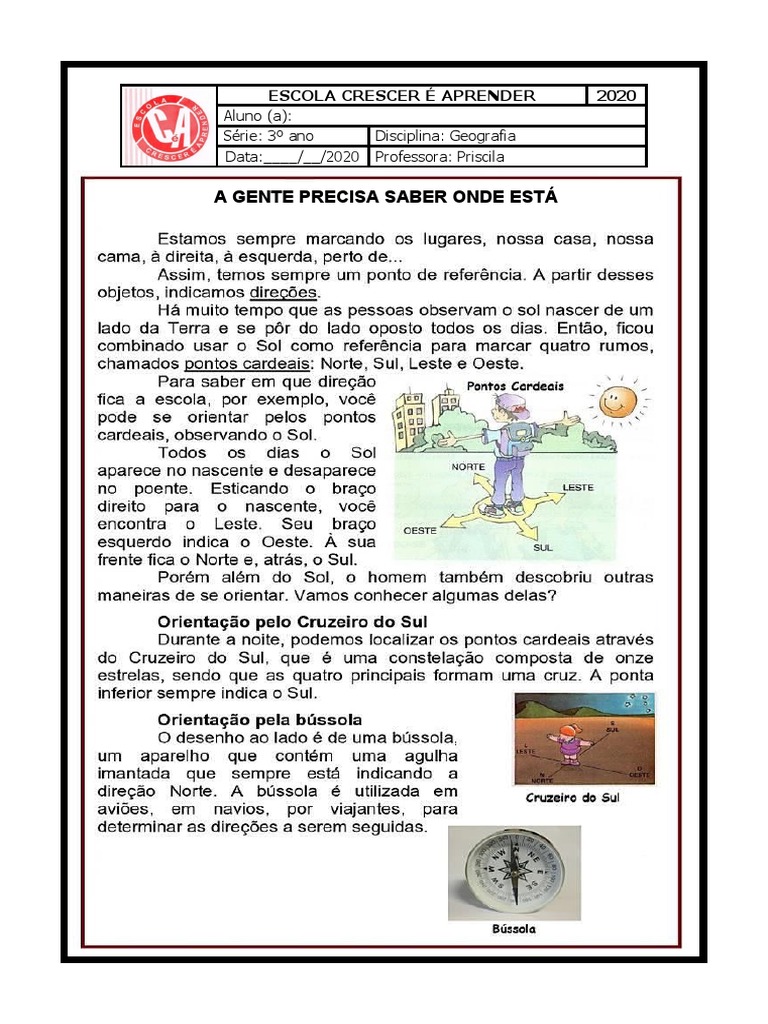 ATIVIDADE DE GEOGRAFIA 3º ANO Pontos Cardeais | PDF