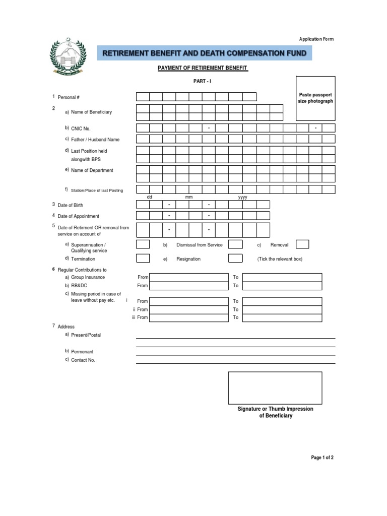 Payment of Retirement Benefit Application Form PDF | PDF | Financial ...