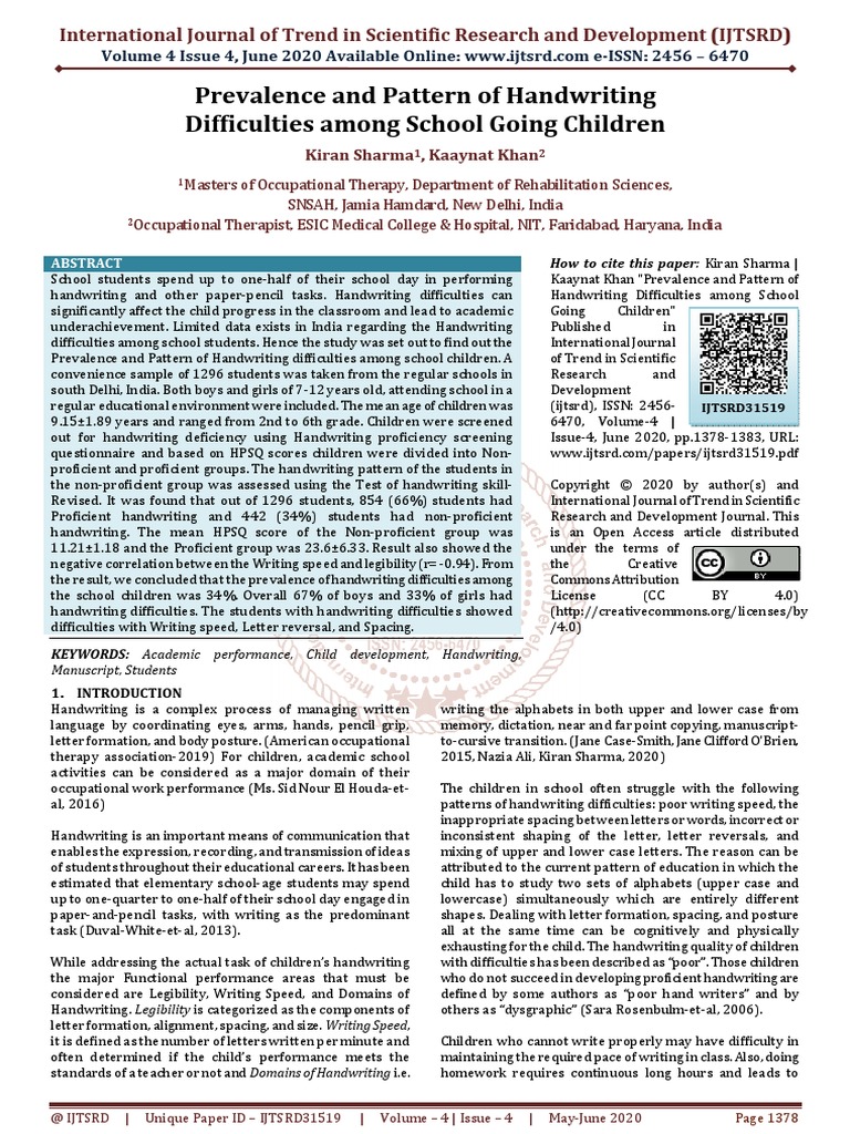 Prevalence and Pattern of Handwriting Difficulties Among School Going ...
