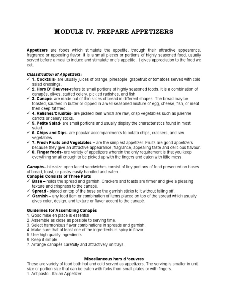 Module 4. Prepare Appetizers | PDF | Hors D'oeuvre | Mayonnaise
