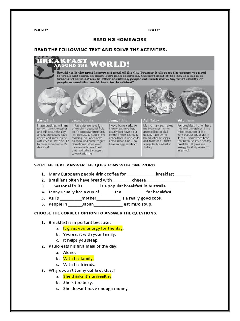 Reading Homework Read The Following Text and Solve The Activities | PDF ...