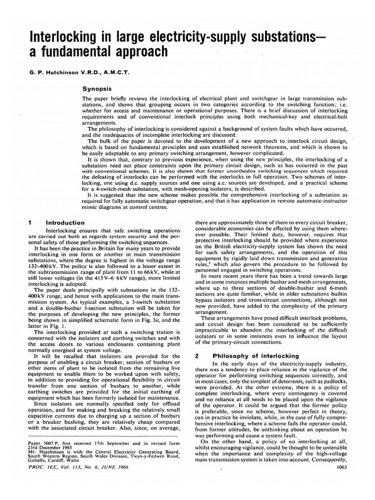Interlocking in Large Electricity-Supply Substations - A Fundamental Approach | PDF | Electrical ...