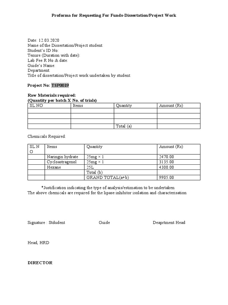 Dissertation Student Proforma For Requesting For Funds | PDF