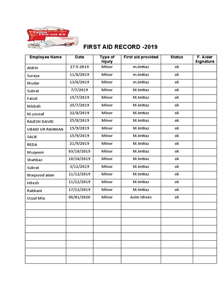 First Aid Record - 2019: Employee Name Date Type of Injury First Aid ...