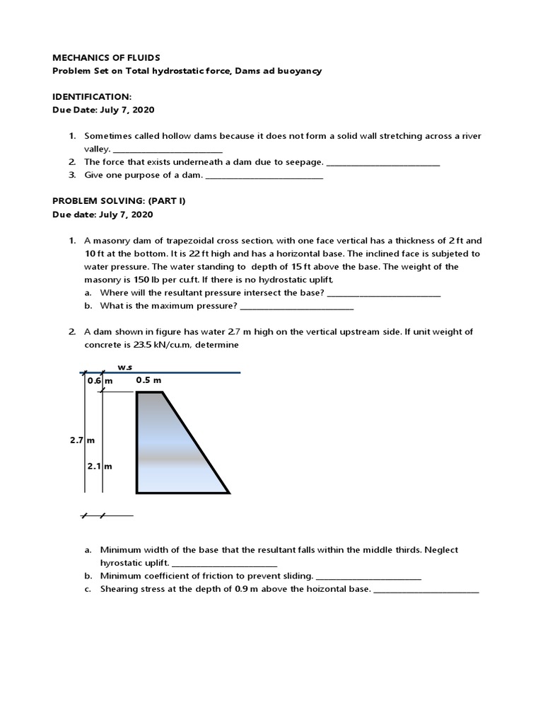 Mechanics of Fluids Problem Set On Total Hydrostatic Force, Dams Ad ...