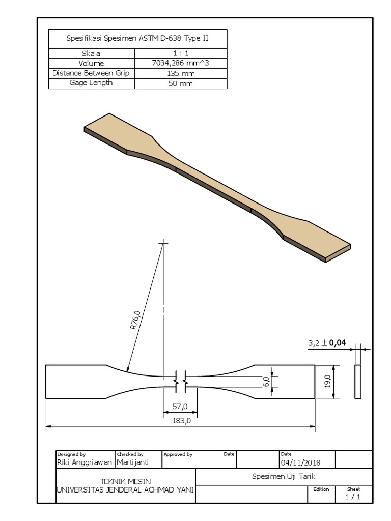 Spesifikasi Spesimen ASTM D-638 Type II Skala 1: 1 7034,286 MM 3 ...