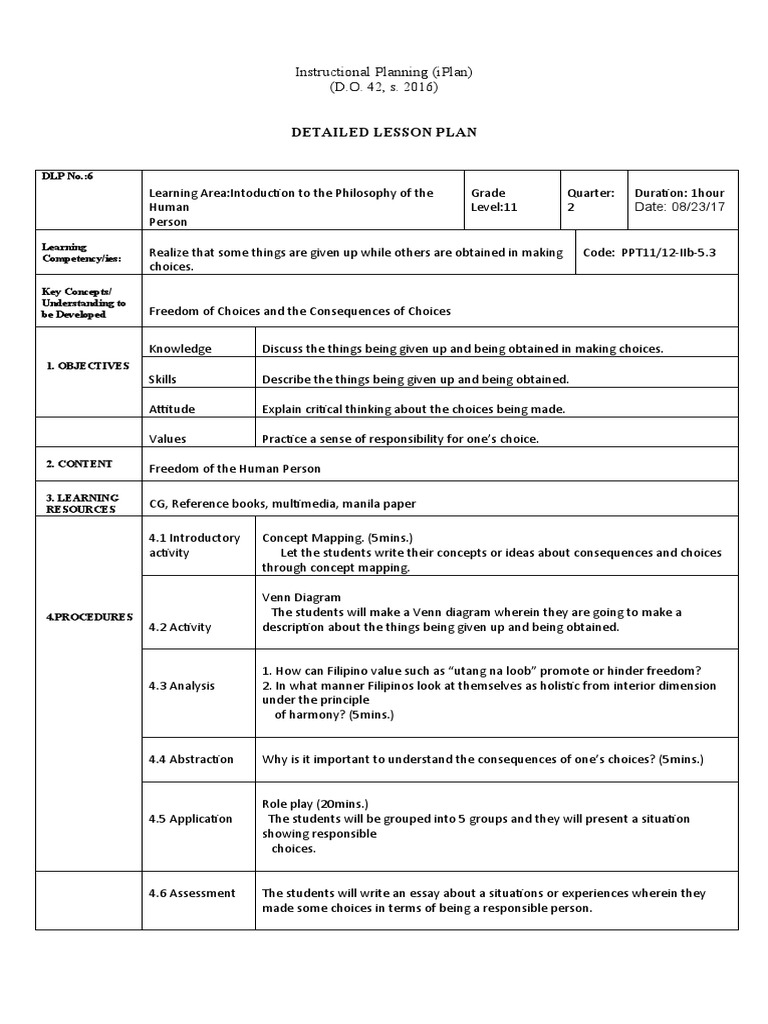 Detailed Lesson Plan: Instructional Planning (Iplan) (D.O. 42, S. 2016 ...