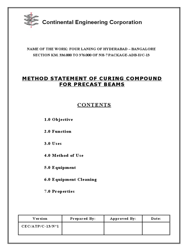Continental Engineering Corporation: Method Statement of Curing Compound For Precast Beams | PDF ...