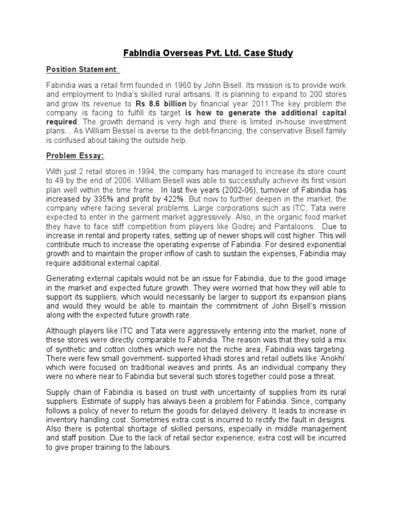 Fabindia Overseas Pvt. Ltd. Case Study: Position Statement | PDF | Franchising | Marketing