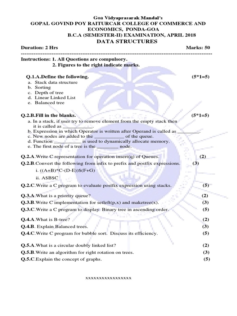 BCA Semester-II Data Structures Exam | PDF | Applied Mathematics ...