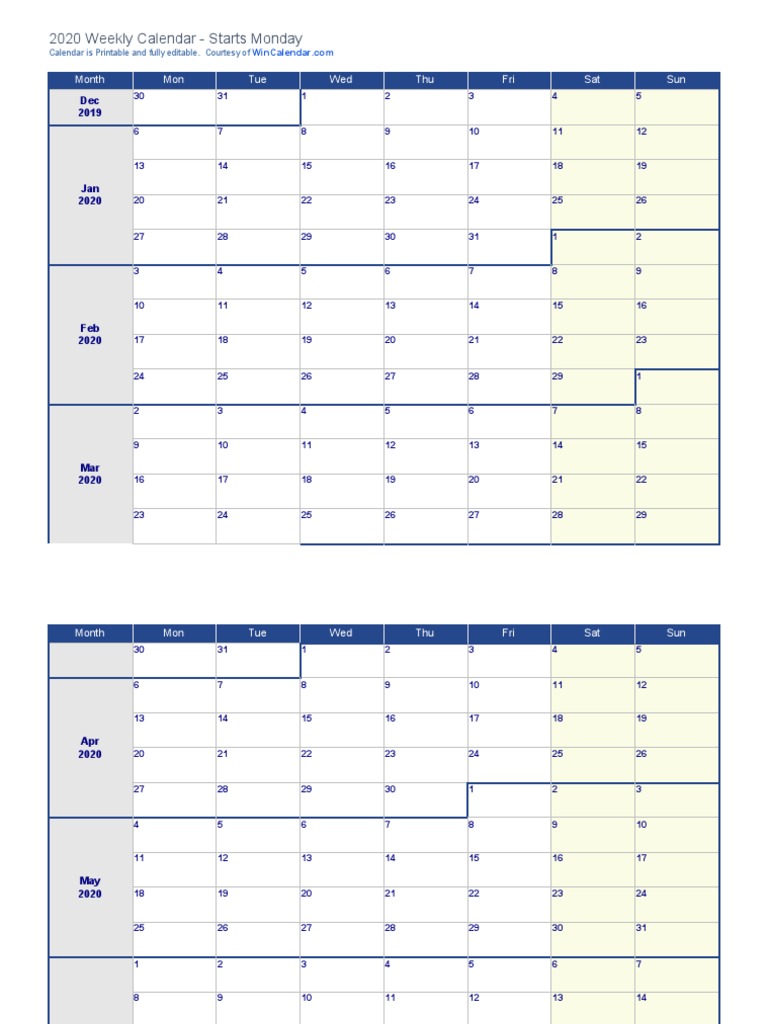 2020 Weekly Calendar (Monday Start) | PDF | Microsoft Word ...