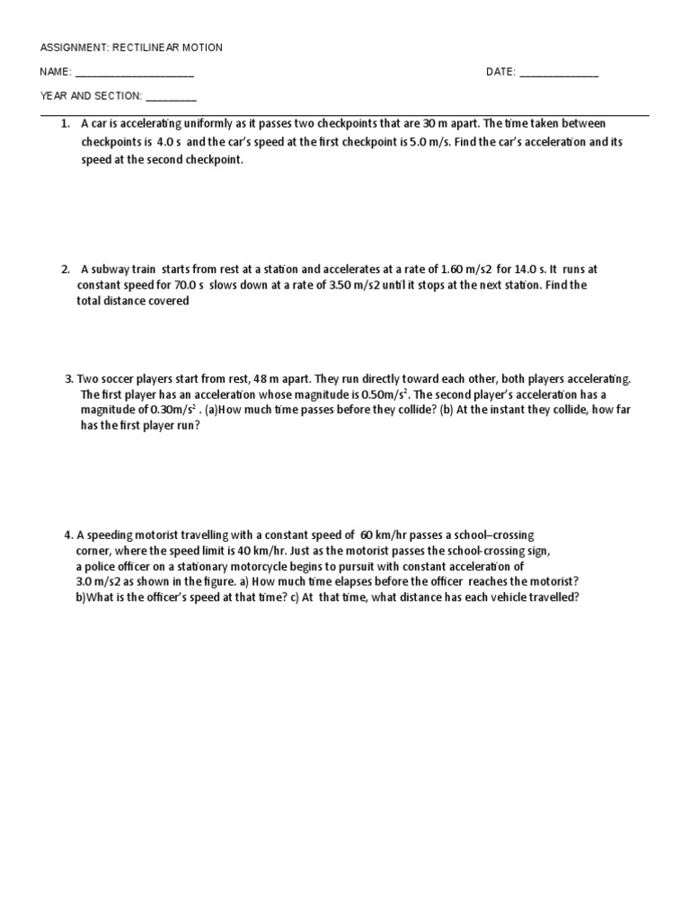 Assignment Rectilinear Motion Name Date Year And Section Pdf