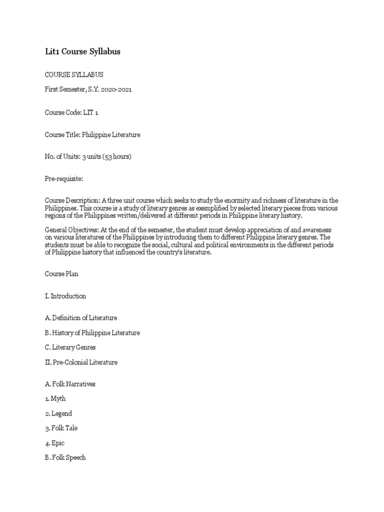 Lit1 Course Syllabus | PDF | Epic Poetry | Philippines