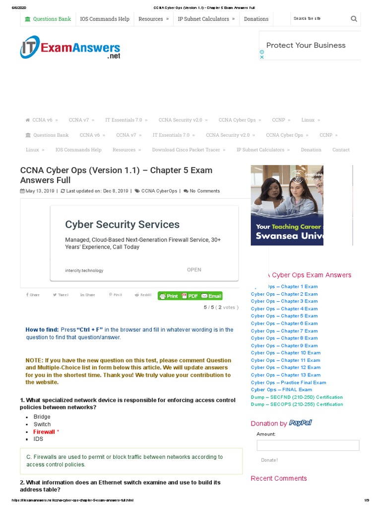 CCNA Cyber Ops (Version 1.1) - Chapter 5 Exam Answers Full PDF | PDF | Computer Network | Router ...