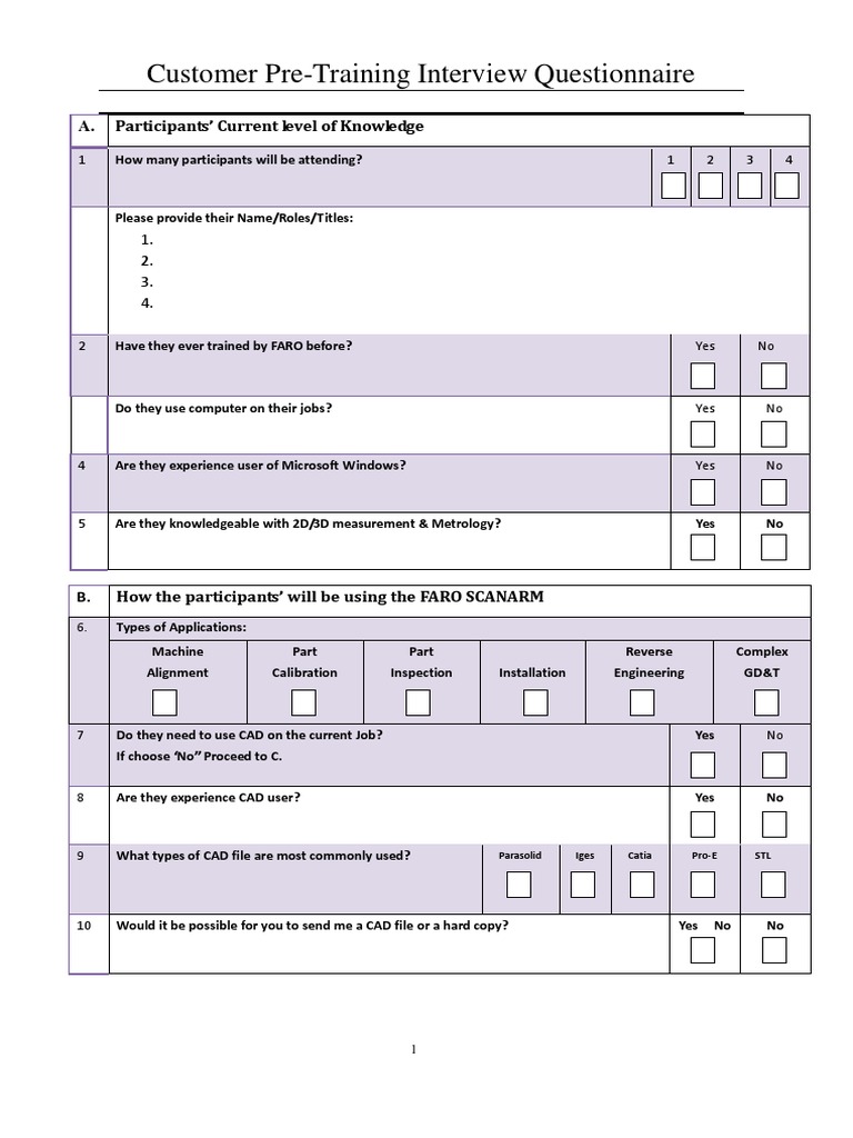SCANARM Customer Pre-Training Questionnaire | PDF | Computing | Software