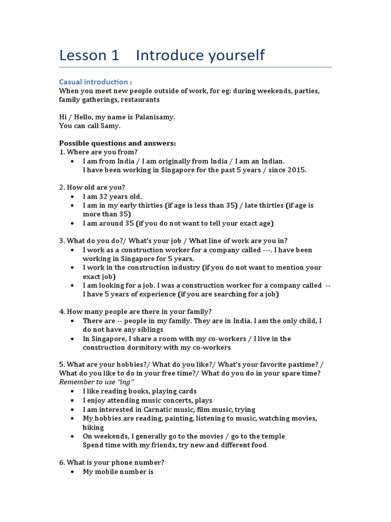 Casual Self-Introduction Lesson | PDF