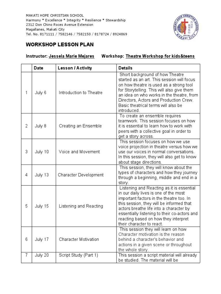 Workshop Lesson Plan | PDF | Theatre | Behavior Modification