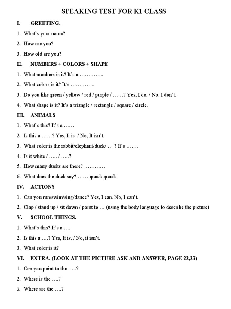 Speaking Test For K1 Class | PDF